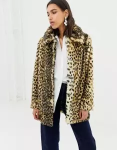 Warehouse faux fur coat sa leopard print Asos