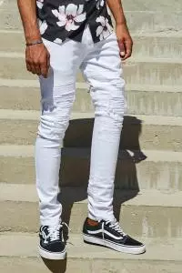 White Biker Jeans Wanaume Wanafadhaika