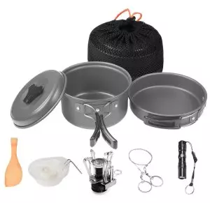 Wolfyok Paquete de utensilios de cocina para senderismo al aire libre con estufa de camping, linterna, kit de encendido piezoeléctrico (12 elementos)