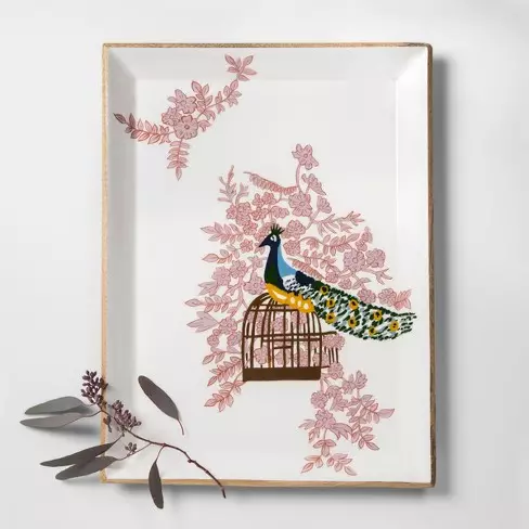 ciljno pohištvo priljubljene kolekcija dekorjev za dom opalhouse pladenj s pavi poslikan iz mangovega lesa
