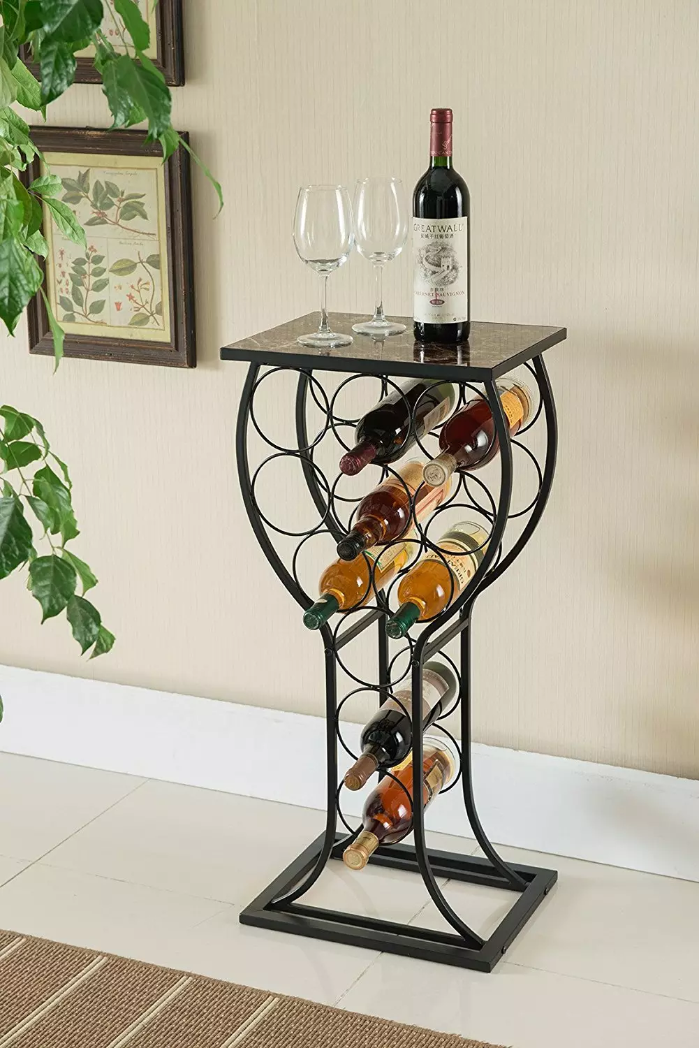 El mejor estante para vinos, almacenamiento de botellas, mesa de metal, tapa de mármol