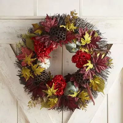 Faux Red Peony Blue Gourd Wreath