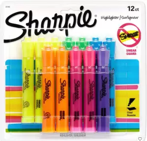 Sharpie 12pk Highlighters Smear Guard אזמל קצה צבעוני