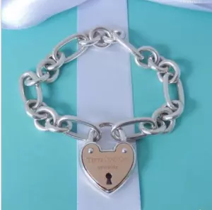 Tiffany Co. Silver 18k Gold Arc Heart Lock Oval Circle Link Charm Bracelet Rare!