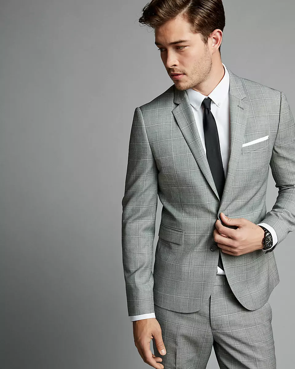 Skinny Innovator Grey Textured Windowpane Wool Blend Suit Jacket