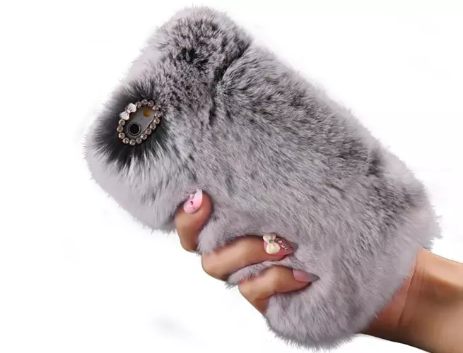 ស្រោមទូរស័ព្ទ iPhone ទន់ Faux Rabbit Fur Fuzzy Plush ជាមួយគ្រីស្តាល់ Cute Bowknot