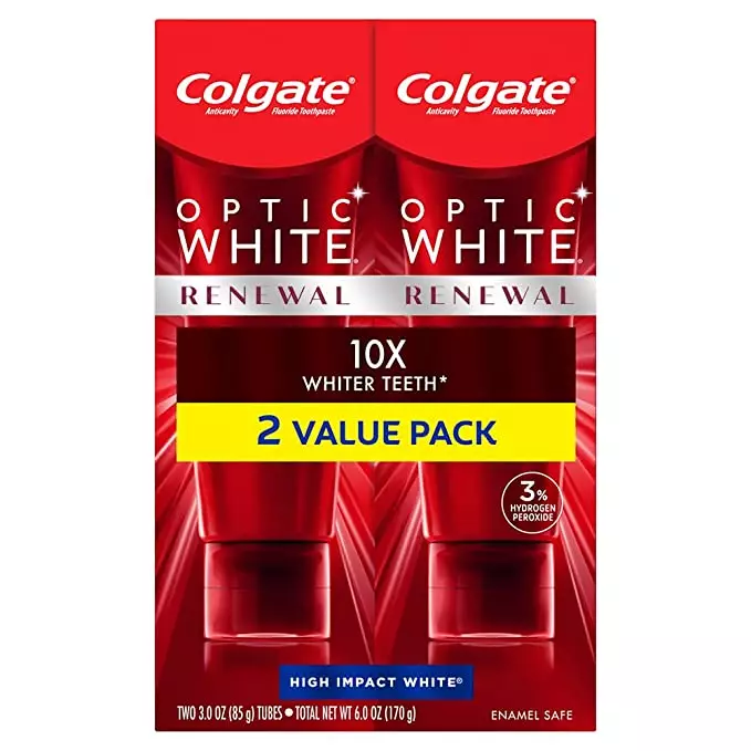 Colgate Optic White Renewal High Impact Whitening Toothpaste, rong paket; odhol whitening paling apik, odhol paling apik kanggo whitening