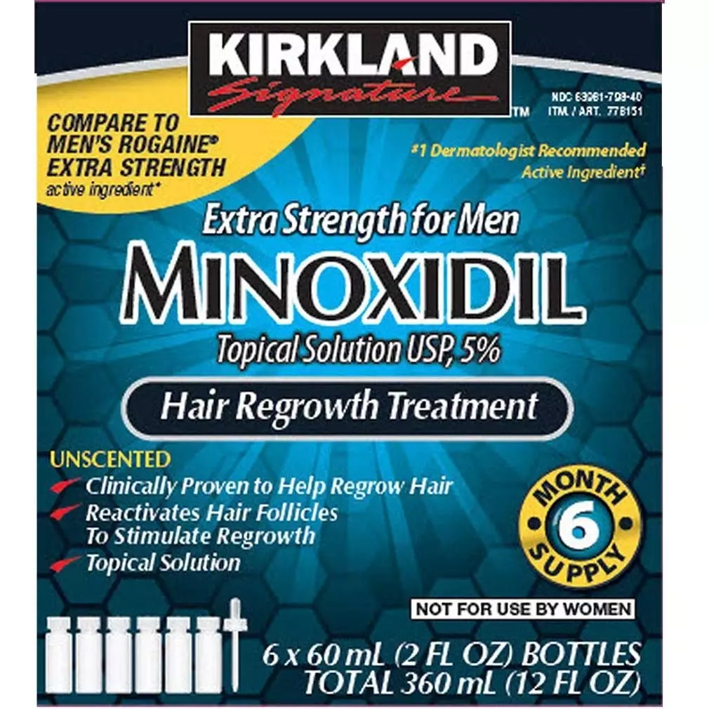 የኪርክላንድ ፊርማ Minoxidil ተጨማሪ ጥንካሬ የፀጉር መርገፍ ሕክምና; ለወንዶች በጣም ርካሹ minoxidil