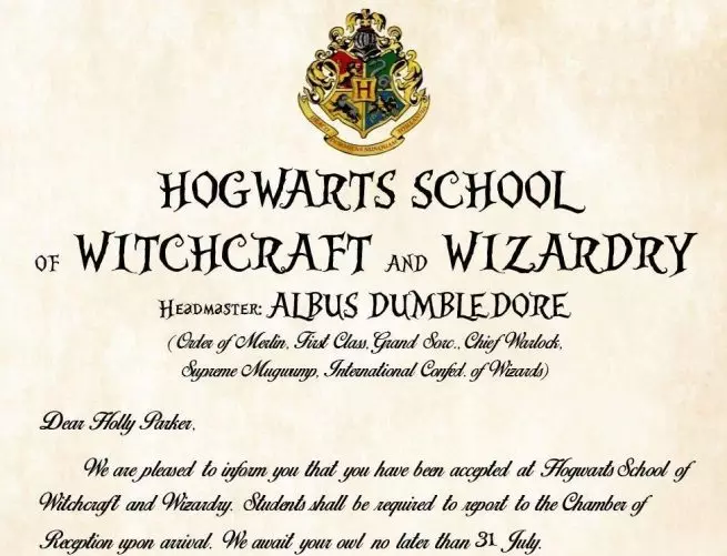 የሃሪ ፖተር Hogwarts ተቀባይነት ደብዳቤ