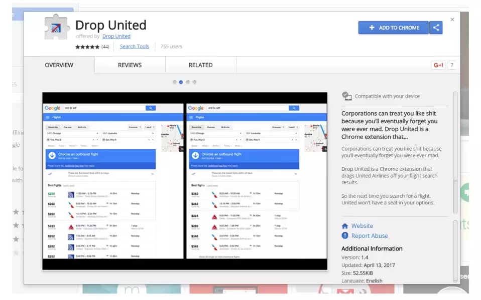 Адпусціце United Flights з Chrome