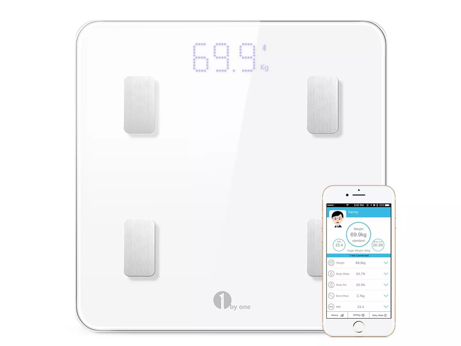 Bluetooth ဖြင့် 1byone Digital Weight ရေချိုးခန်းစကေး