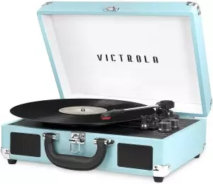 prime day deals, Victrola Vintage 3-Speed Bluetooth Portable Suitcase Record Player with Built-in Speakers in blue