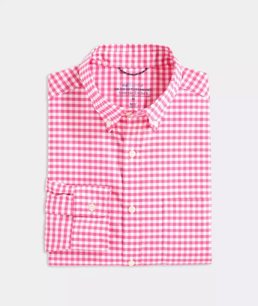 Hot Pink Trend စပျစ်ခြံ-Vines-Gingham-On-The-Go-Shirt-in-Knockout-ပန်းရောင်