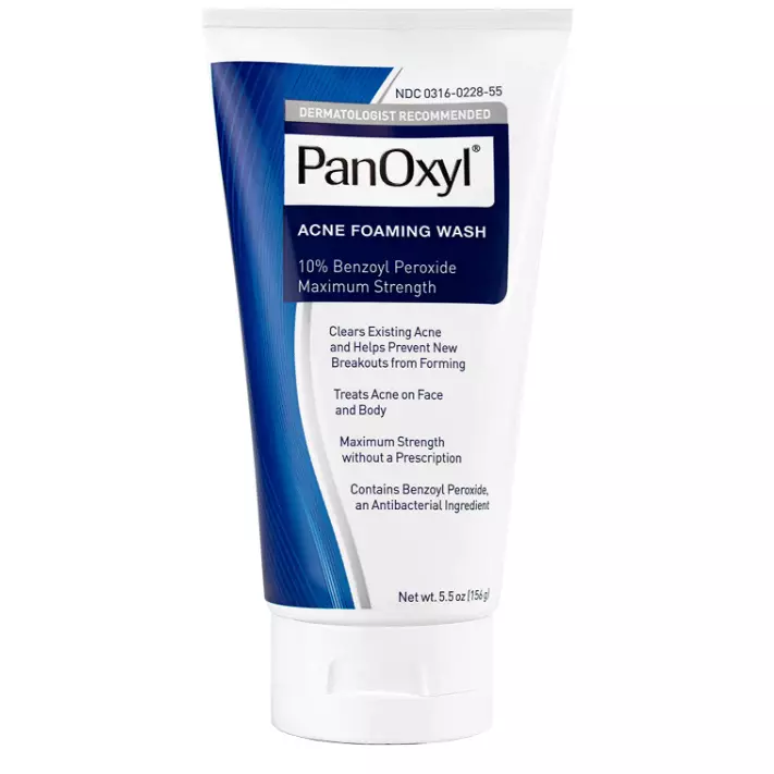 PanOxyl Acne Foaming Ntxuav nrog 10% Benzoyl Peroxide; zoo tshaj plaws pob txuv ntsej muag ntxuav