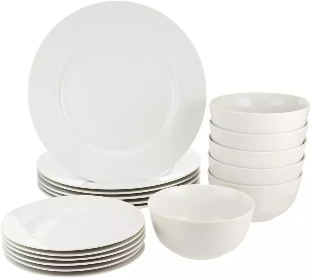 AmazonBasics 18-Nkan White idana Dinnerware Ṣeto, oto igbeyawo ebun ero