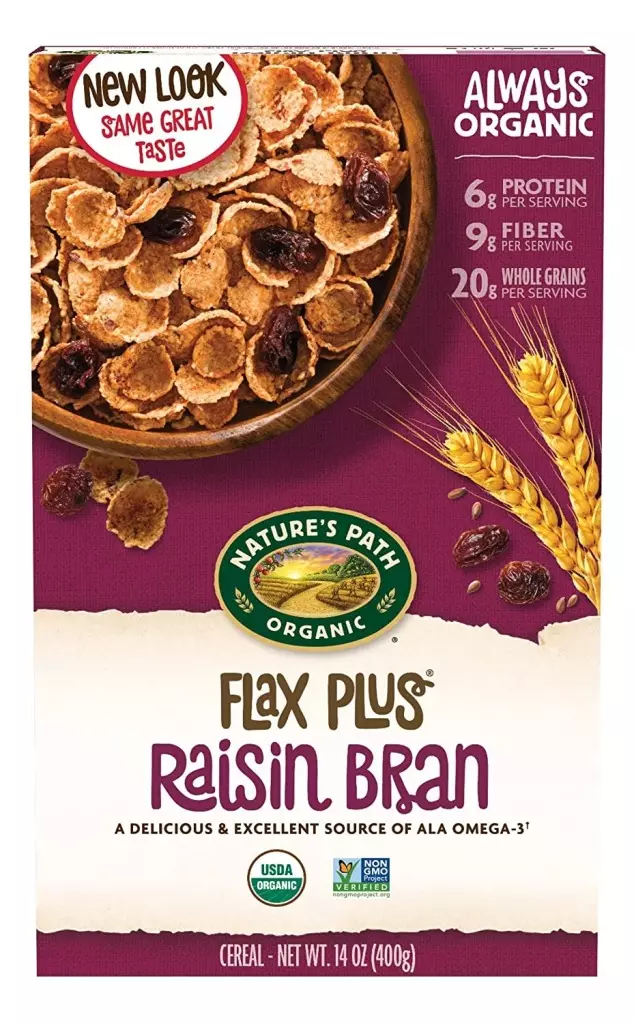 NATURE'S PATH ORGANIC FLAX PLUS BRAN DE PASAS, o mellor cereal rico en fibra