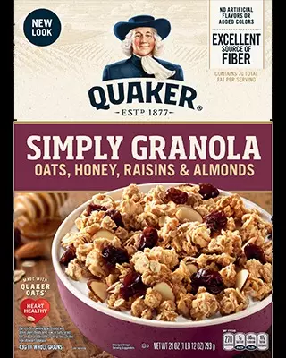 Quaker Simply Granola, Oats, Honey, Raisins និង Almonds