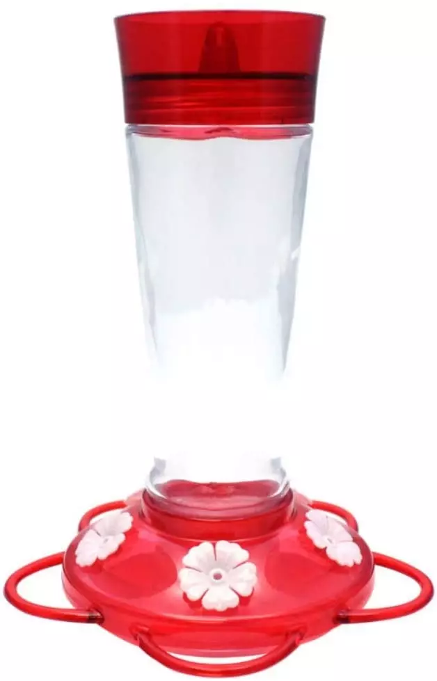 червона годівниця для колібрі зі скляною пляшкою