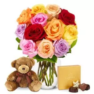 docena de rosas arcoiris con oso de peluche y chocolates online