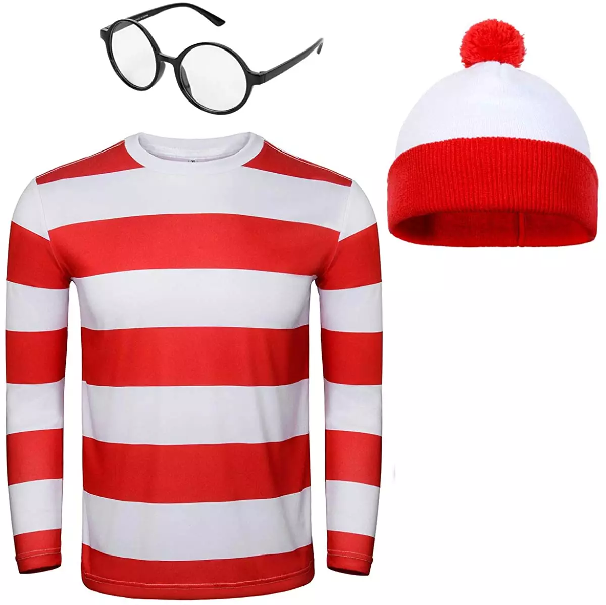 Waldo kepurė, dryžuoti marškiniai ir akinių kostiumas; dirbti tinkamus Helovino kostiumus