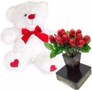 I-Teddy Bear kanye neBelgian Milk Chocolate Rose Bouquet