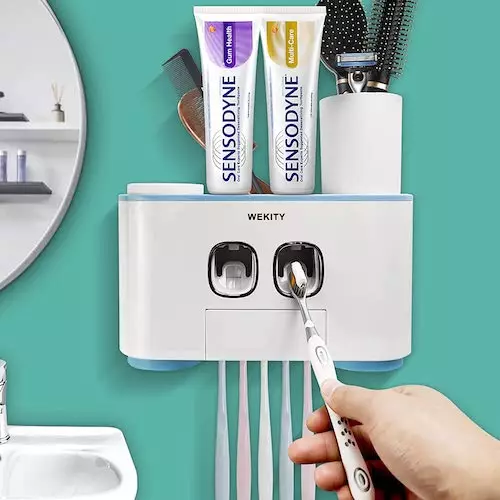 WEKITY Wall Mounted Toothbrush Holder සහ Toothpaste Dispenser