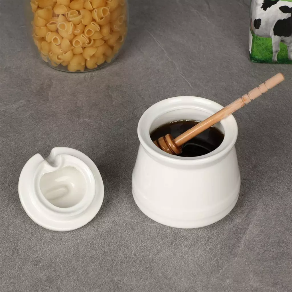 Leetoyi Porcelain Honey Jar nga adunay Taklob ug Dugos Stick