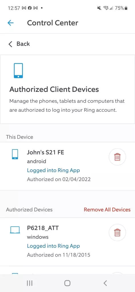 Elenco dei dispositivi client autorizzati dell'app Ring