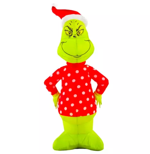 Gemmy 4' Christmas Airblown Inflatable Dr. Seuss Grinch သည် ရုပ်ဆိုးသောဆွယ်တာအင်္ကျီနှင့် Santa Hat ကိုဝတ်ဆင်ထားသည်။