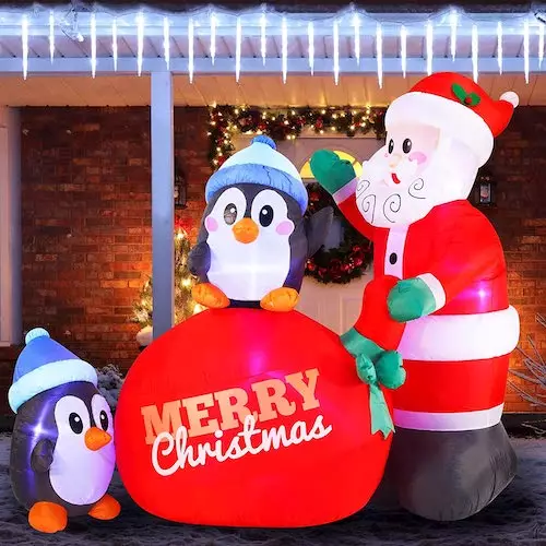 Joiedomi 7-Foot LED Santa ជាមួយ Penguins Inflatable