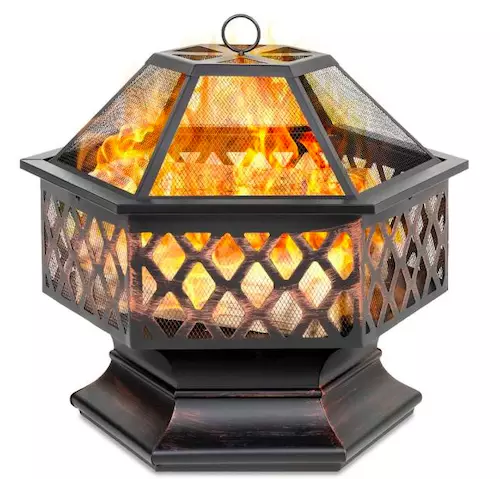 Hexagon Steel Wood Fire Pit με Διχτυωτό Καπάκι, το καλύτερο μεταλλικό λάκκο πυρκαγιάς