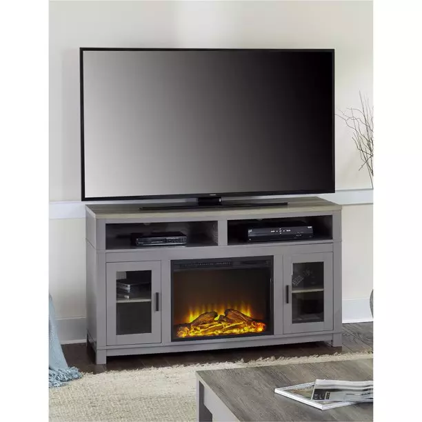 Stenda modulare e televizorit me fireplace në gri