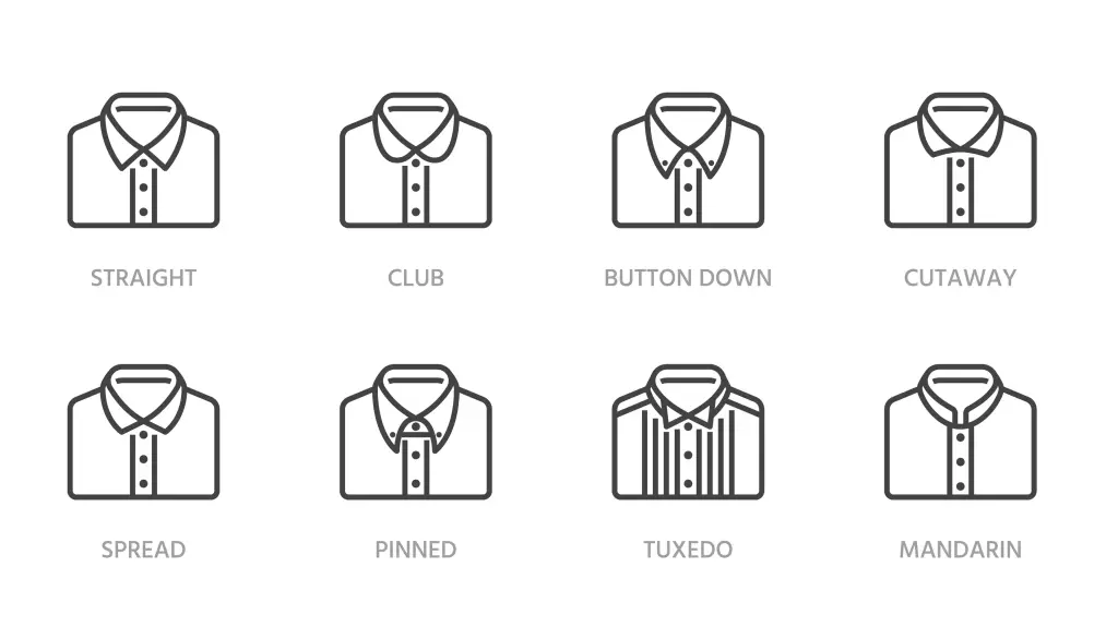 Collar de camisa, tipus de jaqueta conjunt d'icones de línia plana. Il·lustracions vectorials de roba formal, coll blanc clàssic, esmòquing, polo. Pictograma de contorn per a botiga de roba d'home. Pixel perfecte 64 x 64. Traços editables.
