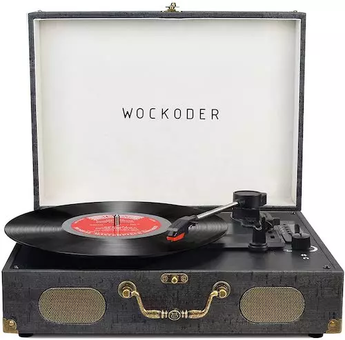 I-Wockoder Portable Wireless 3 Speed Vinyl Record Player enezipikha ezakhelwe ngaphakathi