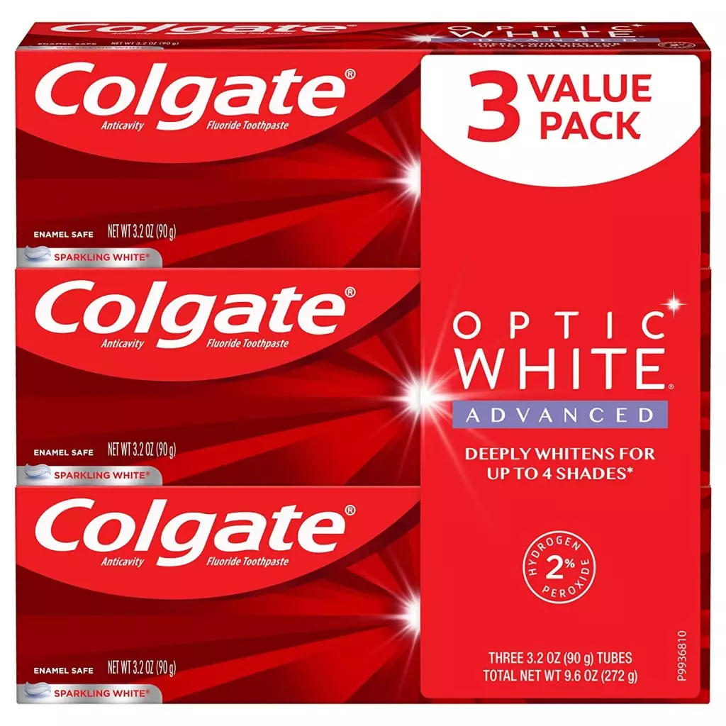 Colgate Optic White Advanced Teeth Whitening Odol sareng Fluoride, 2% Hydrogén Peroxide, Sparkling White