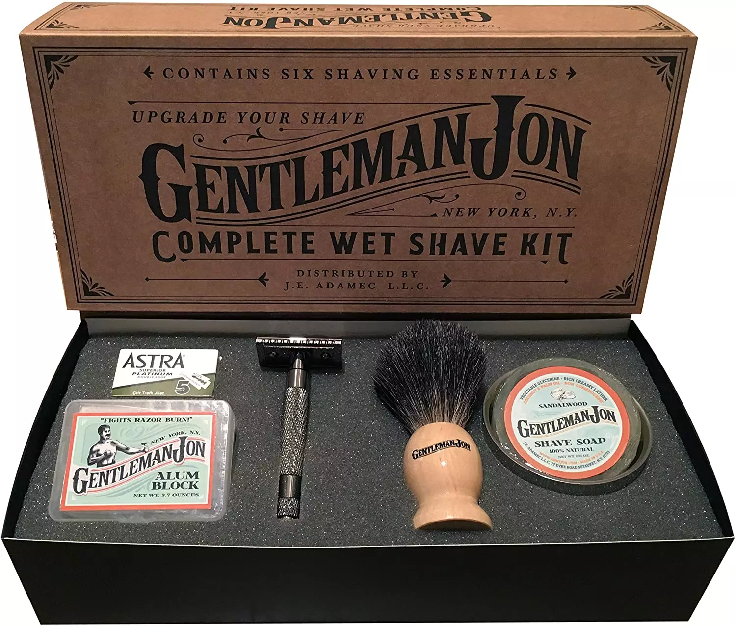 Gentleman Jon Complete Wet Shave Kit with safety sele, badger hairblum, alum block, sele fasimoli, ipu u'amea ma le Astra razor blade pack
