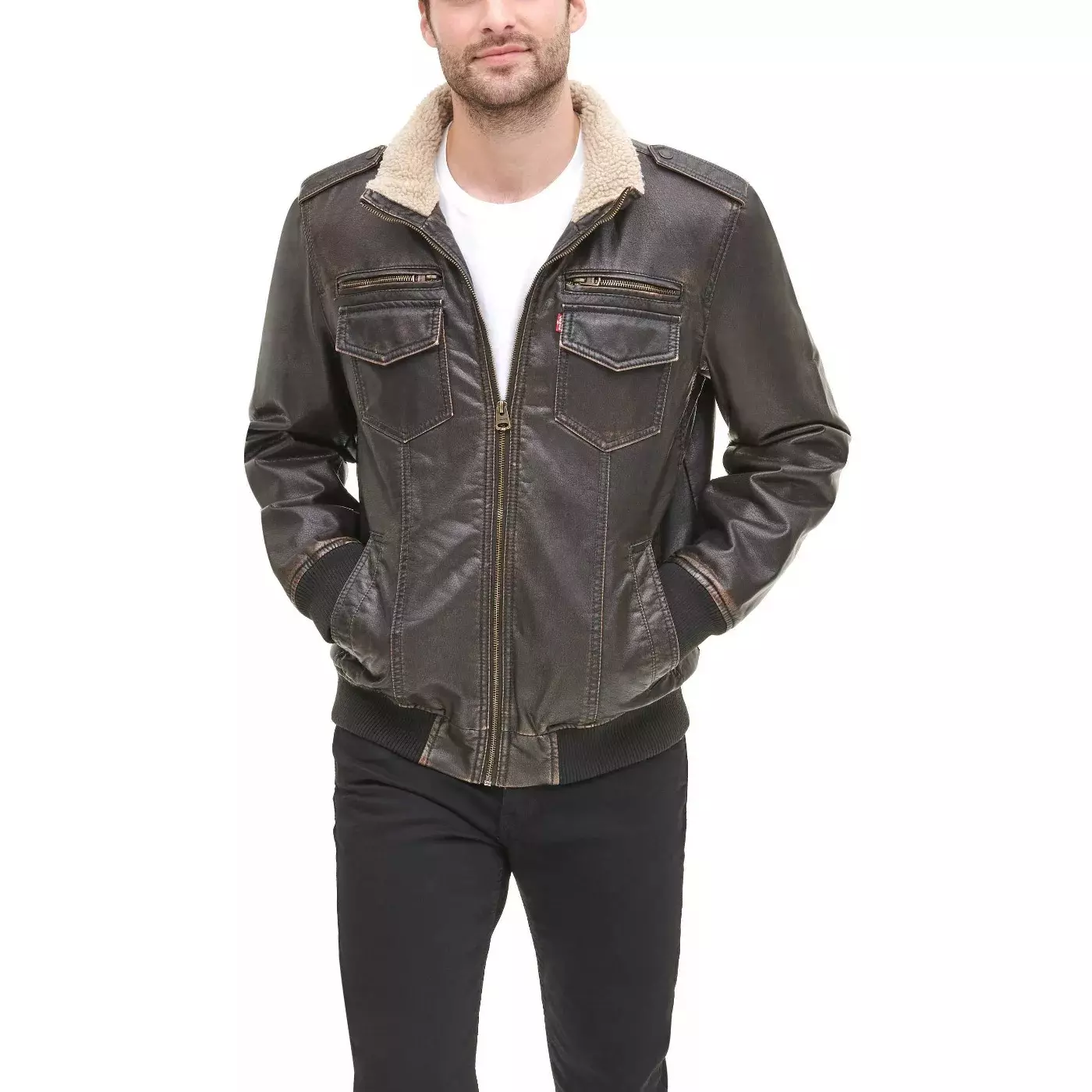 Lewi's Men's Faux Leather Sherpa Aviator Bomber