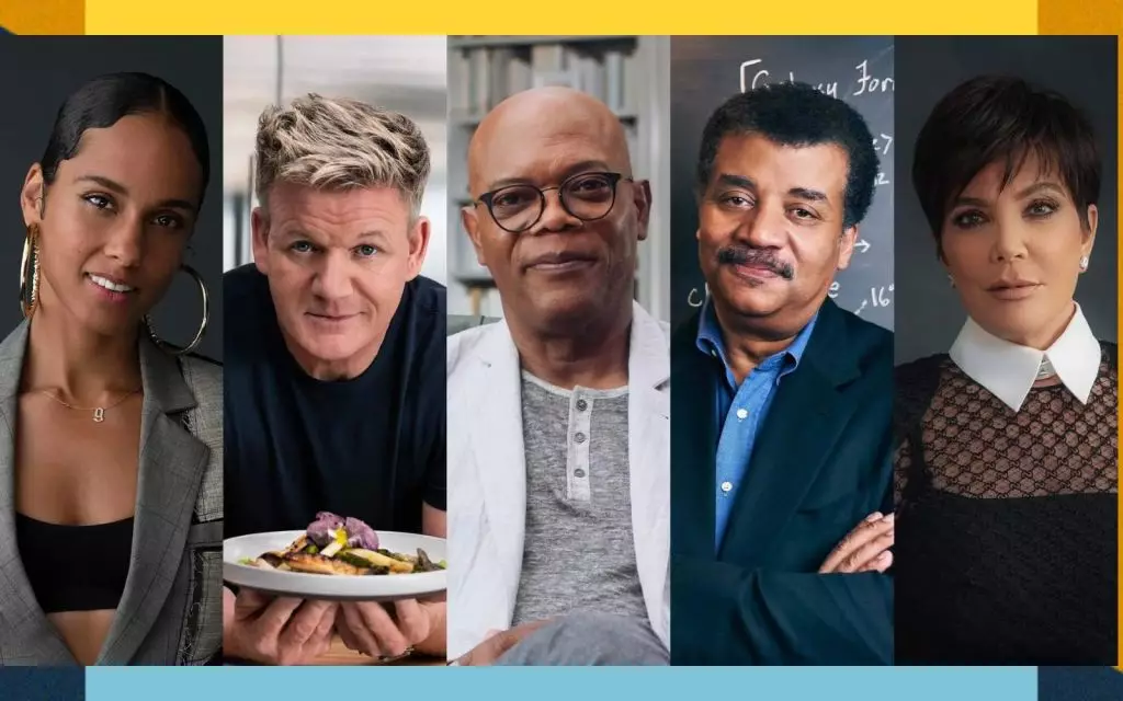 neska-lagunarentzat, alicia keys, Gordon Ramsay, samuel l jackson, neil deGrasse Tyson eta kris jenner klase magistralerako opariak atzeko plano koloretsu batean