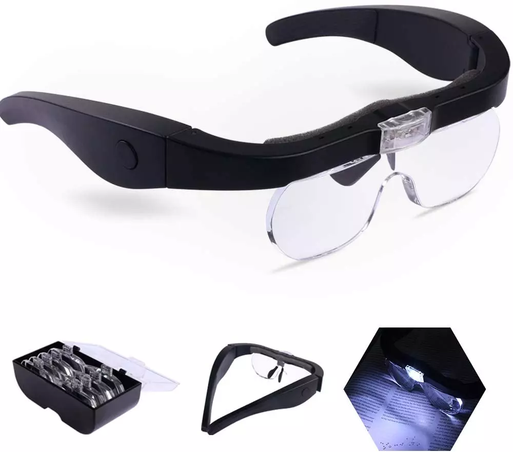 Juoifip Head Lupa Gafas con lentes intercambiables con aumentos de 1.5x, 2.5x, 3.5x y 5x