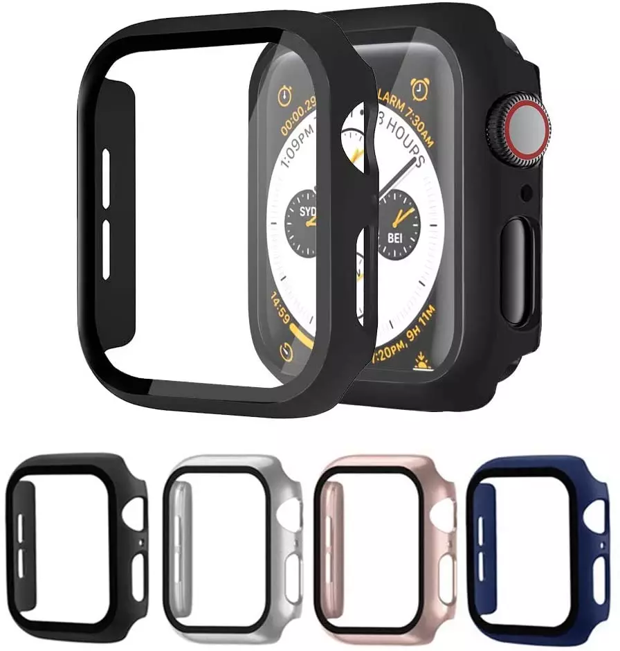 Opakowanie zbiorcze Raamax Apple Watch Hard Case Screen Protector w kolorze czarnym, srebrnym, złotym i niebieskim; najlepszy ochraniacz ekranu Apple Watch
