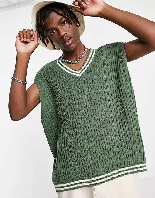 ASOS DESIGN knit sweater vest dalam botol hijau dengan tip, sweater vest