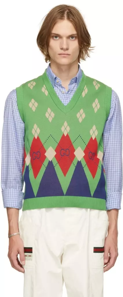 Gucci-Gréng-Argyle-Strécken-Sweater