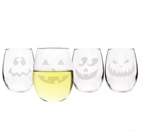 Cathy's Concepts Halloween Pumpkin Stemless Wine Glasses (ឈុត 4)