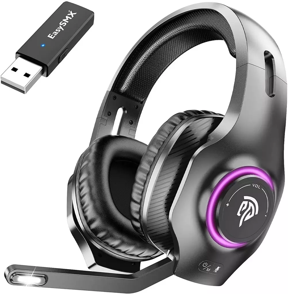 Headset Cearrbhachais Gan Sreang EasySMX 2.4GHz le 7.1 Dord Doimhneacht & Micreafón Cealaithe Torann Inghnóthaithe, Headset Gan Sreang le Soilsiú Grádán Uathoibríoch RGB, Oiriúnach do PS4/PS5, PC