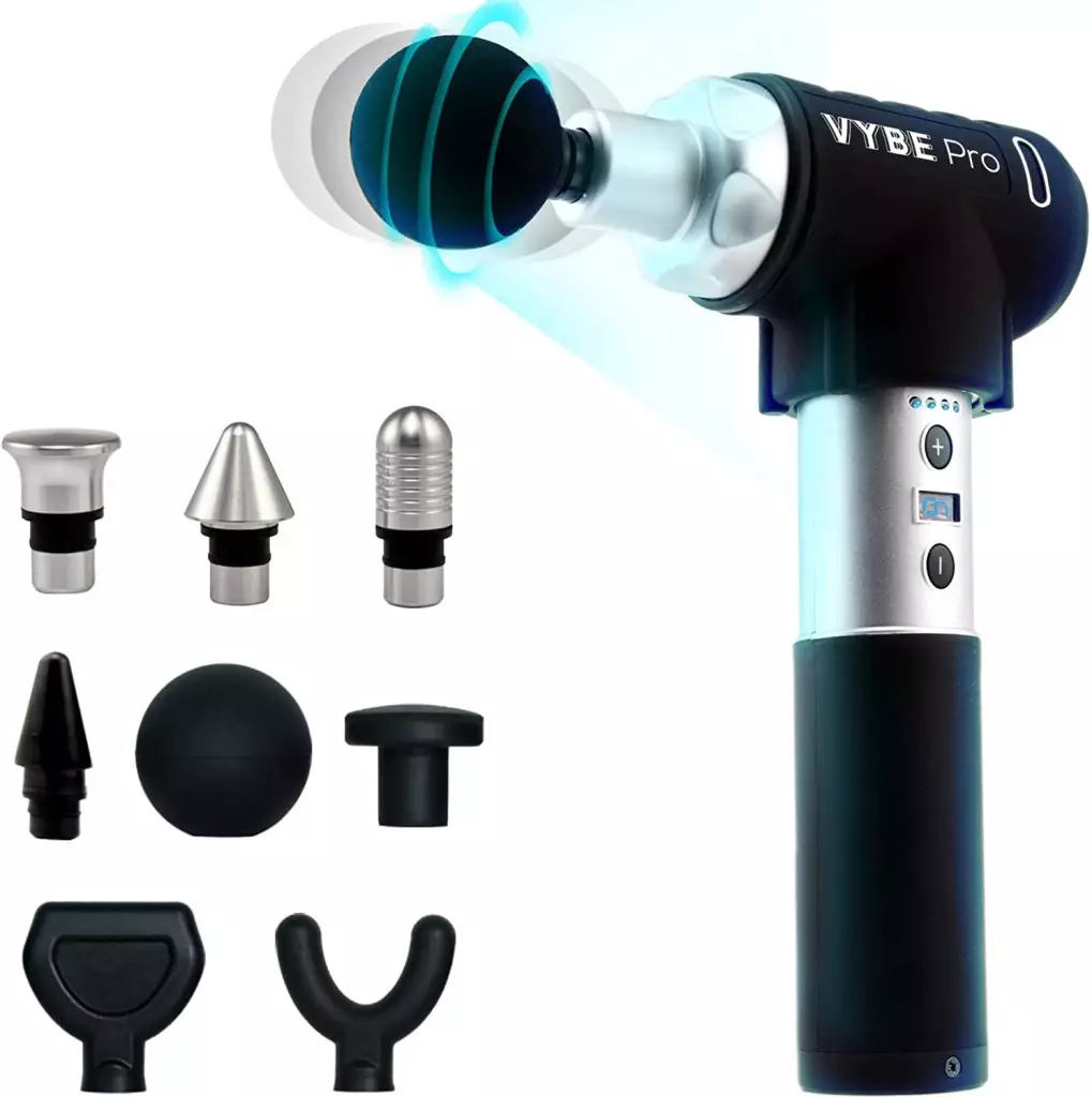 VYBE Percussion Massage Gun - รุ่น Pro - เครื่องนวดสำหรับกล้ามเนื้อเนื้อเยื่อลึก - เพื่อบรรเทาอาการปวด - 9 ความเร็ว, 8 สิ่งที่แนบมา, เงียบ, แบบพกพา, ไฟฟ้าและมือถือ