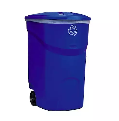 Container de reciclare Rubbermaid de 45 de galoane Roughneck albastru cu roți