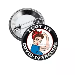 Rosie covid vaccine button, covid vaccine merch