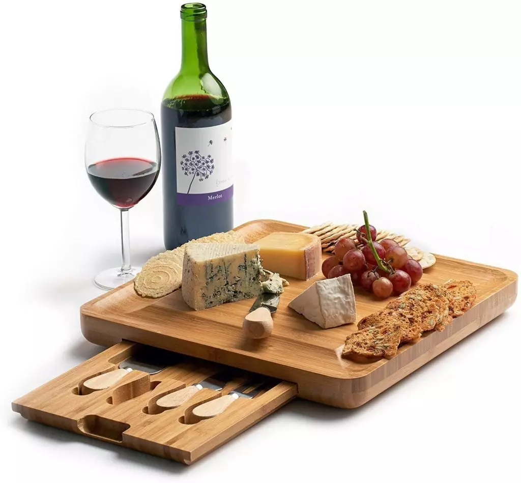 Machika Bamboo Cheese Board Set miaraka amin'ny Drawer Slide Out and Stainless Steel Knives