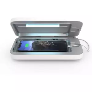 PhoneSoap telefonni tozalash vositasi, akula akvariumida ko'rsatilganidek