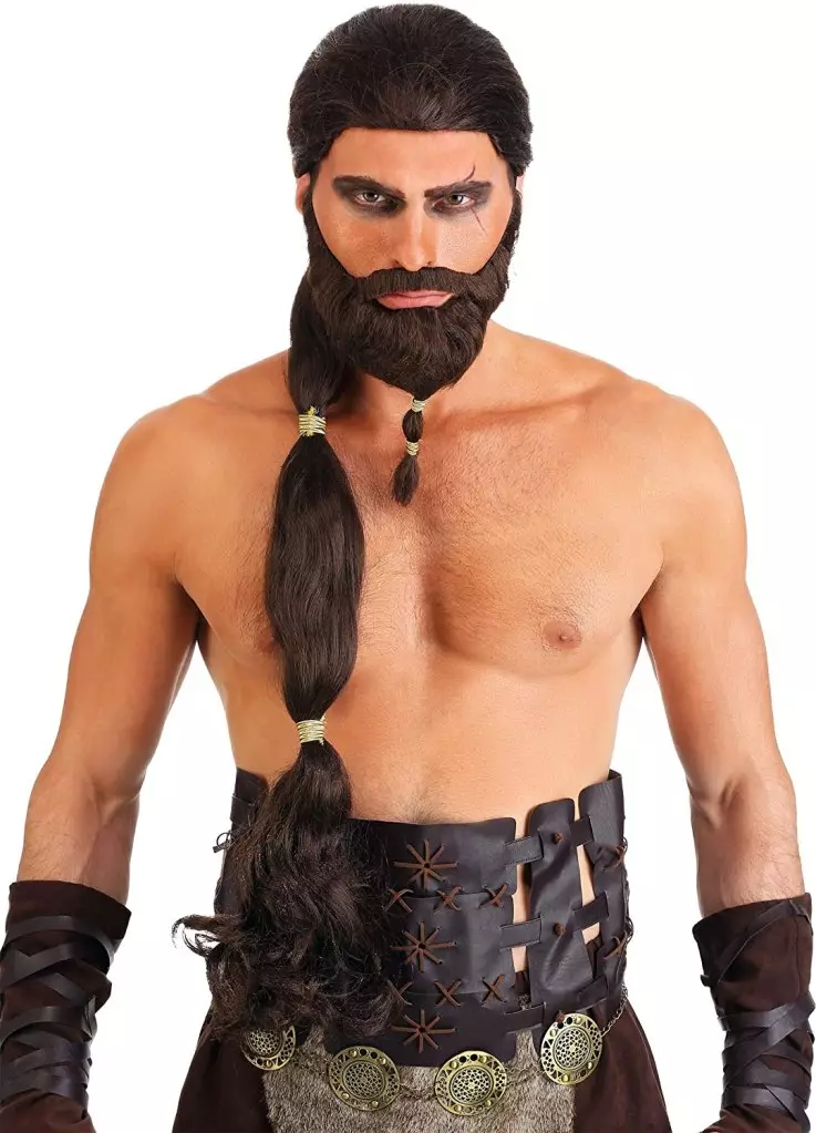 Kev lom zem Costumes Txiv neej Warrior King Wig thiab Beard Standard